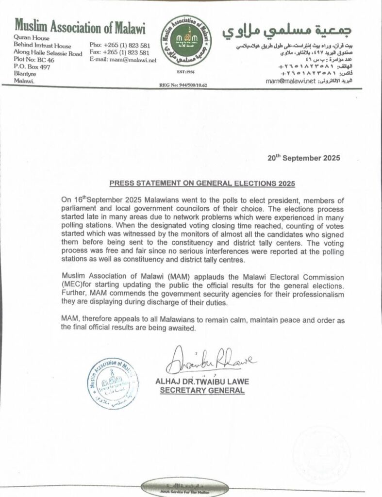 Muslim Association Of Malawi Urges Calm As Nation Awaits 2025 Election ...